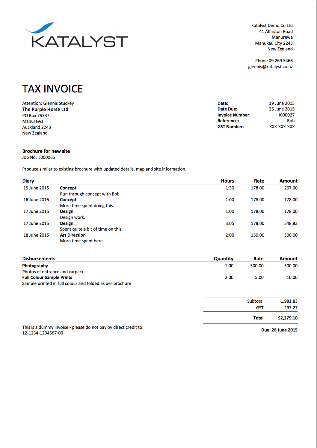 WorkflowMax Custom Invoice - Diary and Disbursements Invoice - Katalyst ...