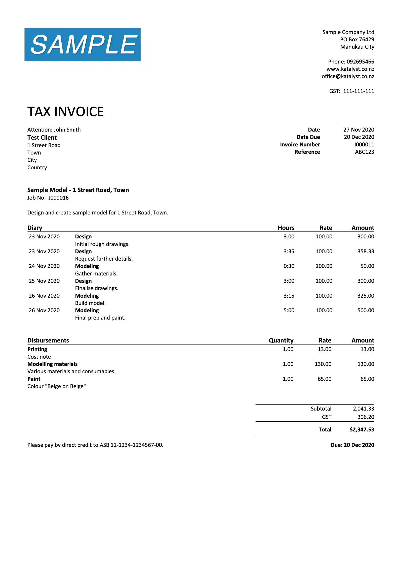 WorkflowMax Custom Invoice - Diary and Disbursements Invoice - Katalyst Cloud & Business Services